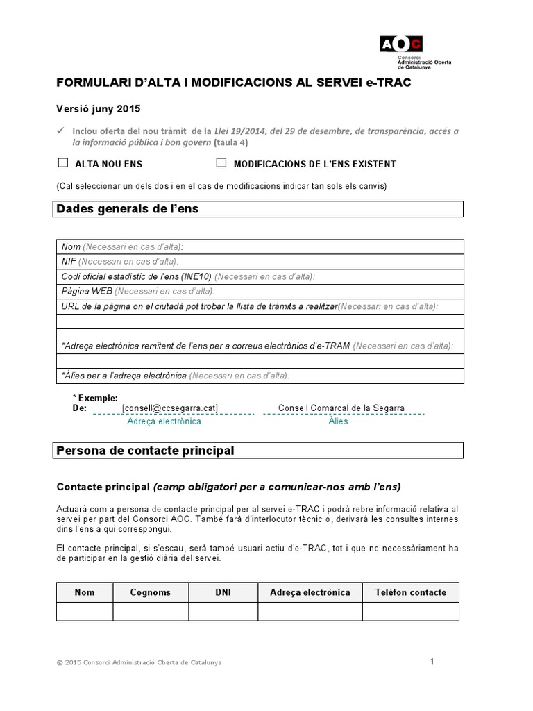 Formulari Alta IModificacio Etrac | PDF