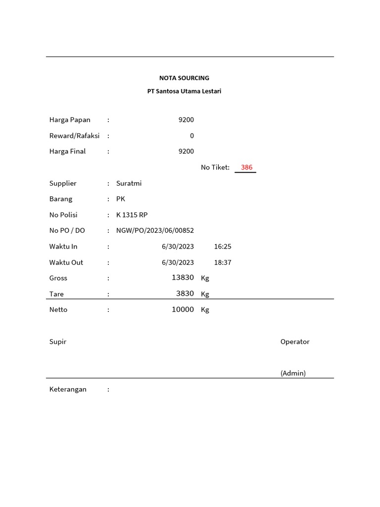 Surat Timbangan PK Suratmi (386) 300623 | PDF