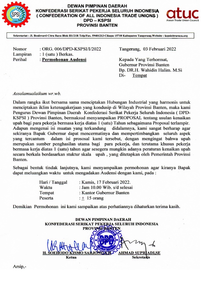 Surat Permohonan Audiensi Ke Gubernur (WH) | PDF