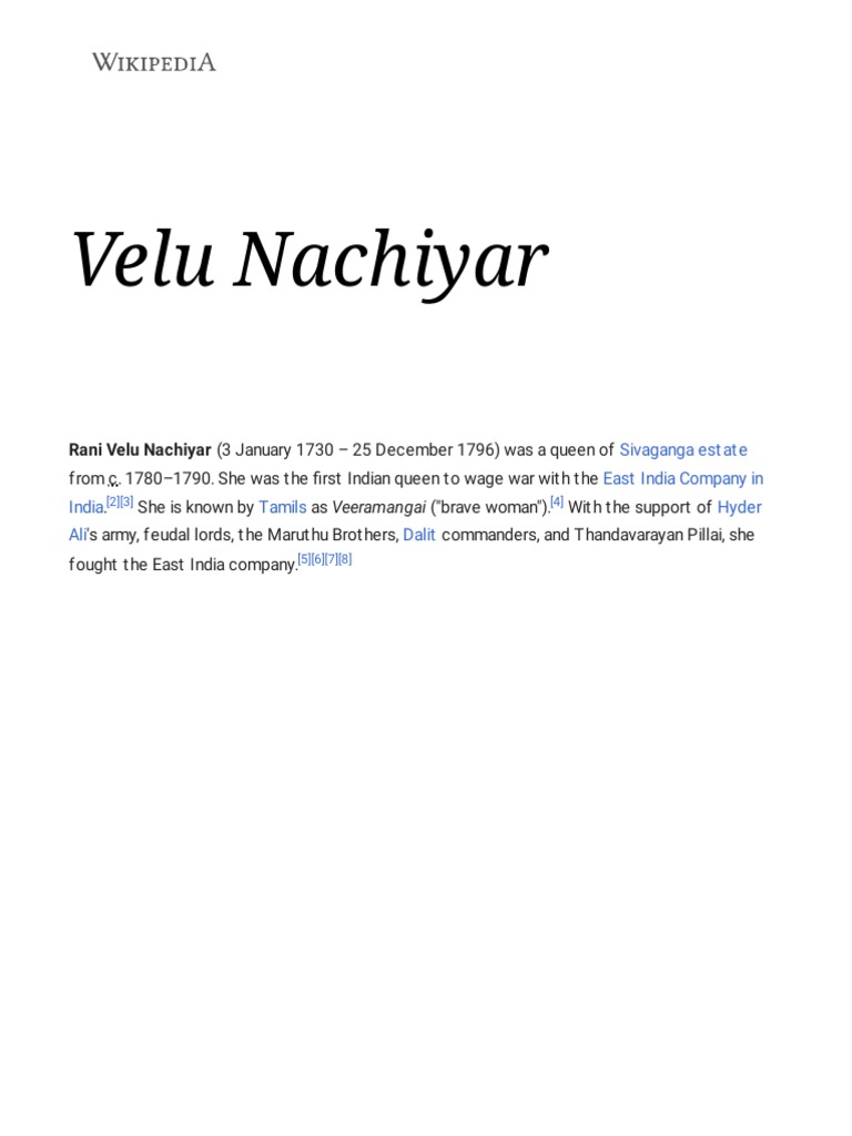 Velu Nachiyar | PDF | South India