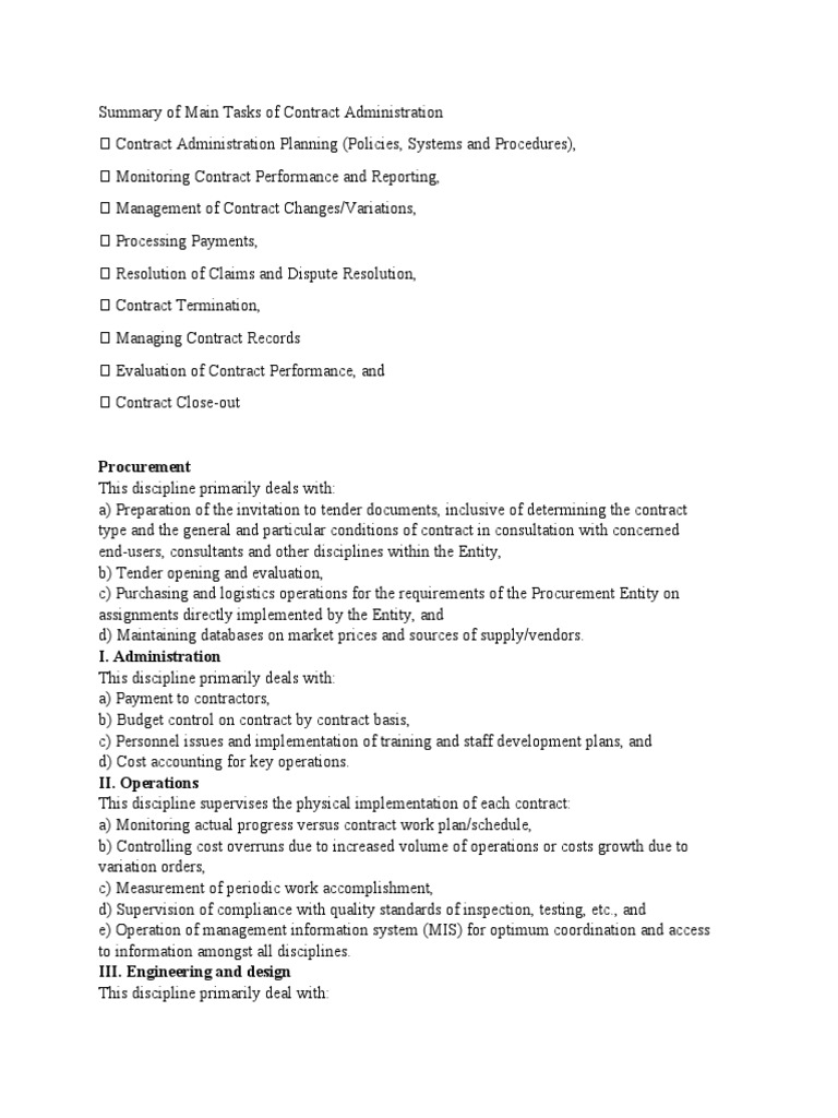 Summary of Main Tasks of Contract Administration | PDF | Procurement ...