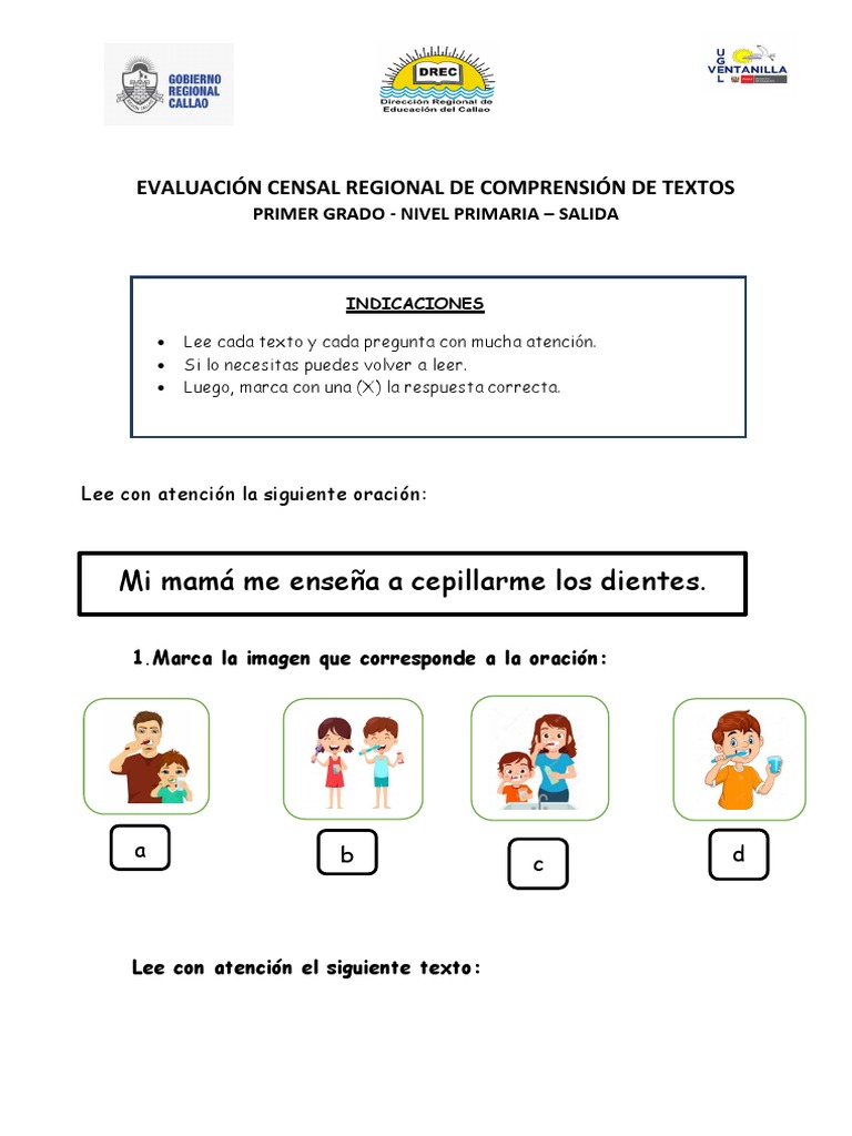 Evaluación de Comprensión Lectora 1° Grado | PDF | Lavado de manos