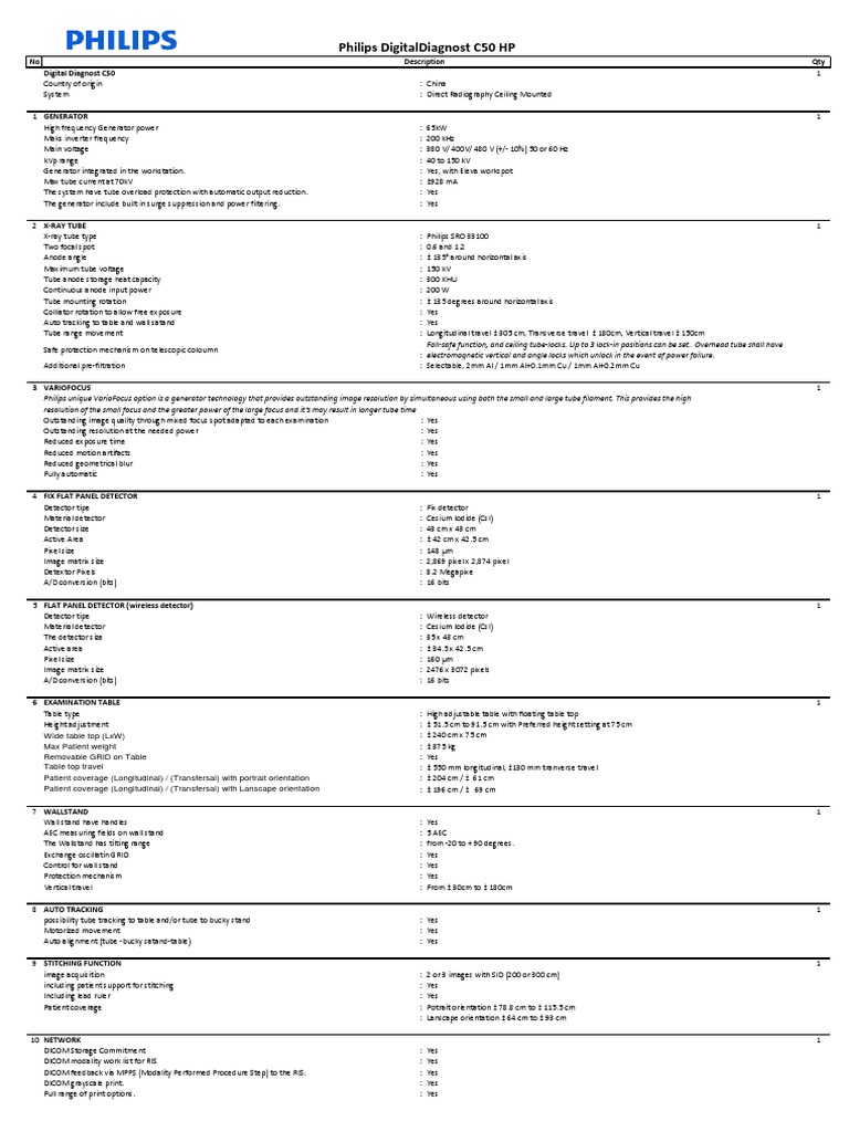Spesifikasi Philips DigitalDiagnost C50 HP | PDF | Vacuum Tube | Imaging