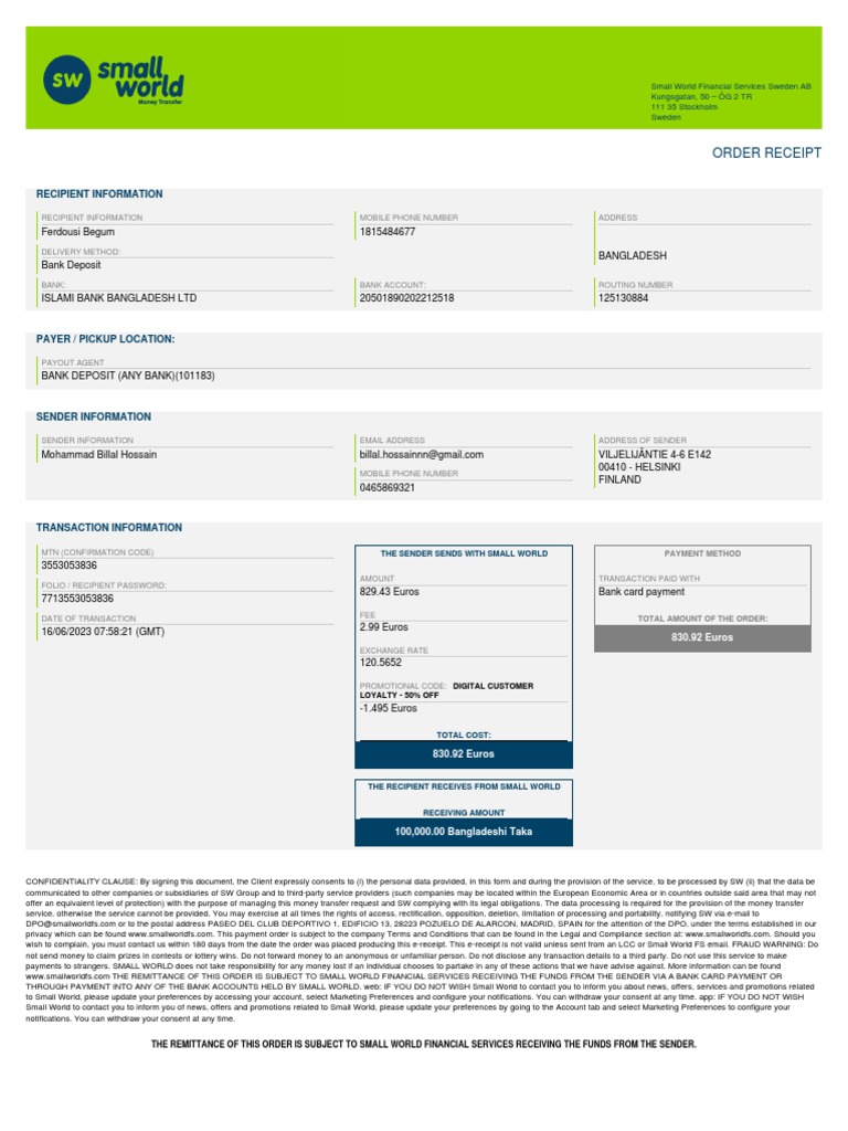 Order Receipt: Recipient Information | PDF | Wire Transfer | Banks