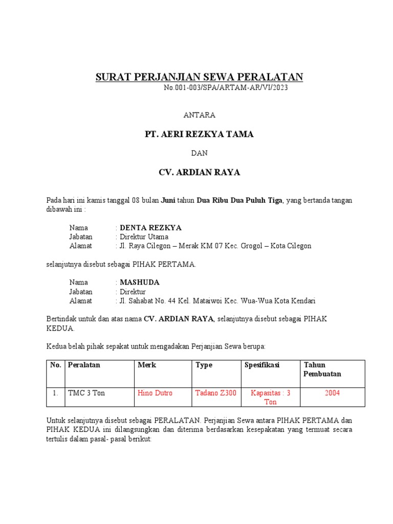 00SURAT PERJANJIAN SEWA Crane CV. ARDIAN RAYA | PDF