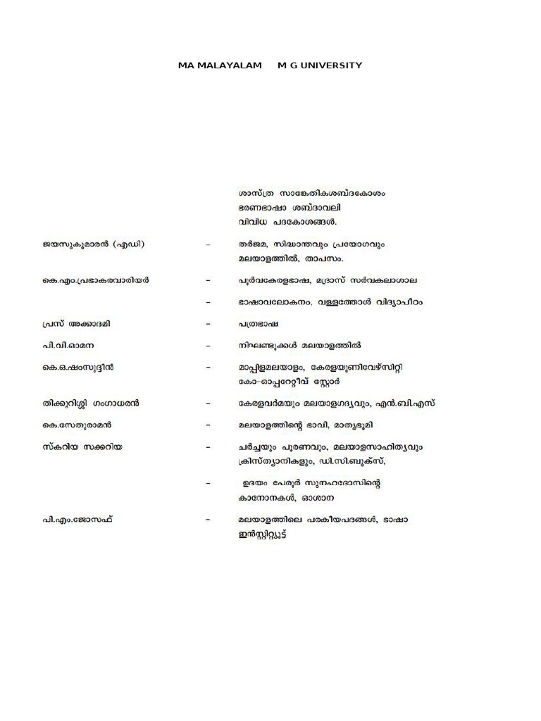 Ma Malayalam Books List Syllabus | PDF