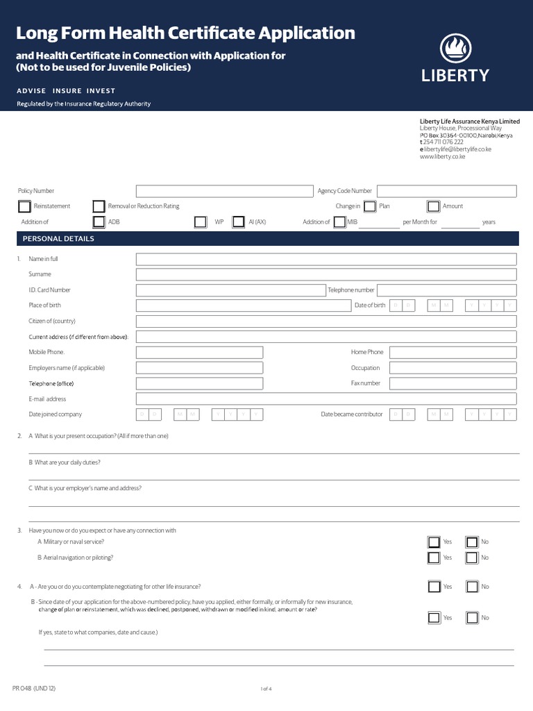 PR 048 UND 12 Long Form Health Certificate Application Editable | PDF ...