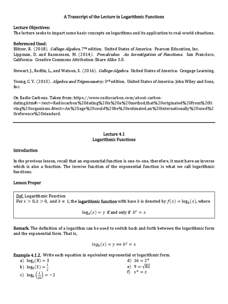 Lecture Transcript 4 (Logarithmic Functions) | PDF | Logarithm | Decibel