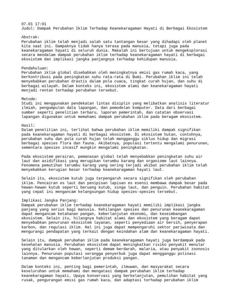 Judul: Dampak Perubahan Iklim Terhadap Keanekaragaman Hayati Di Berbagai Ekosistem | PDF