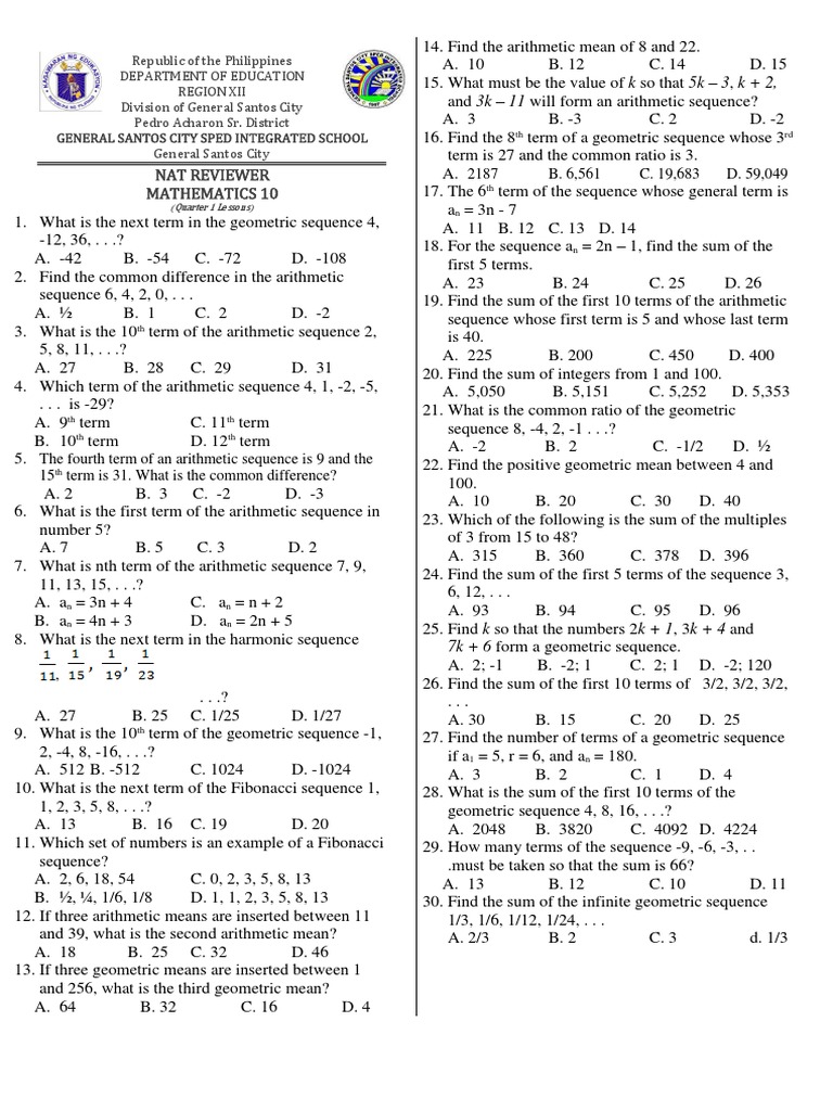 NAT REVIEWER MATHEMATICS 10 - 1 - Dadad | PDF | Mean | Sequence