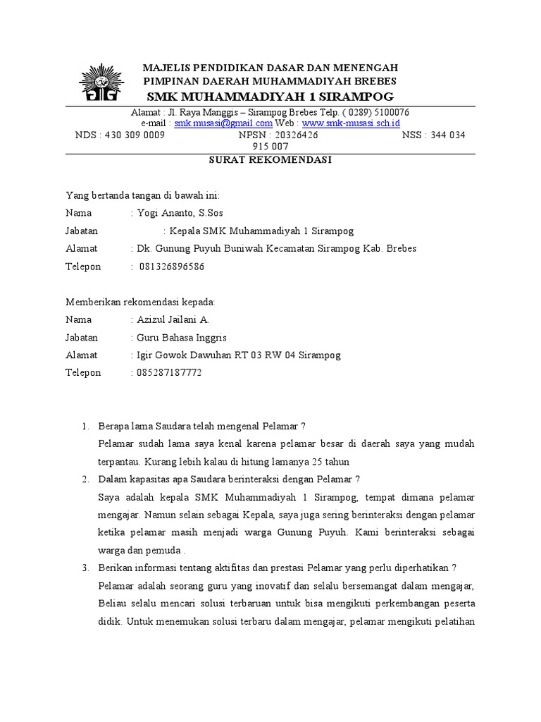 Surat Rekomendasi Beasiswa LPDP | PDF