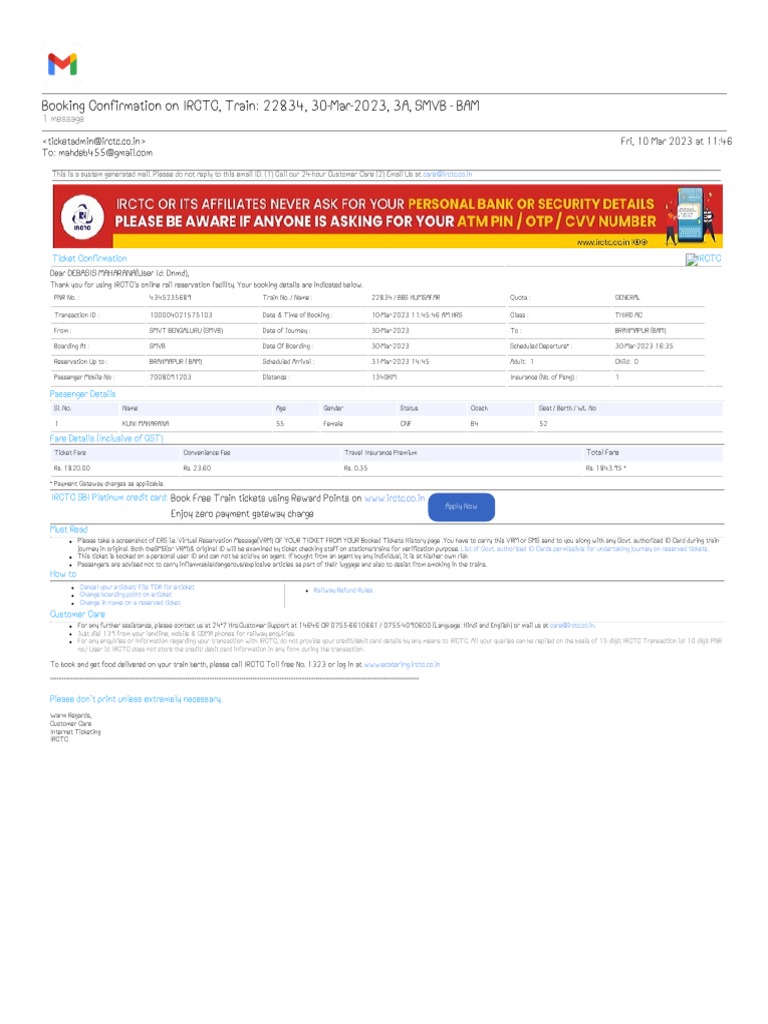 Train - 22834, 30-Mar-2023, 3A, SMVB - BAM | PDF | Credit Card | Service Industries