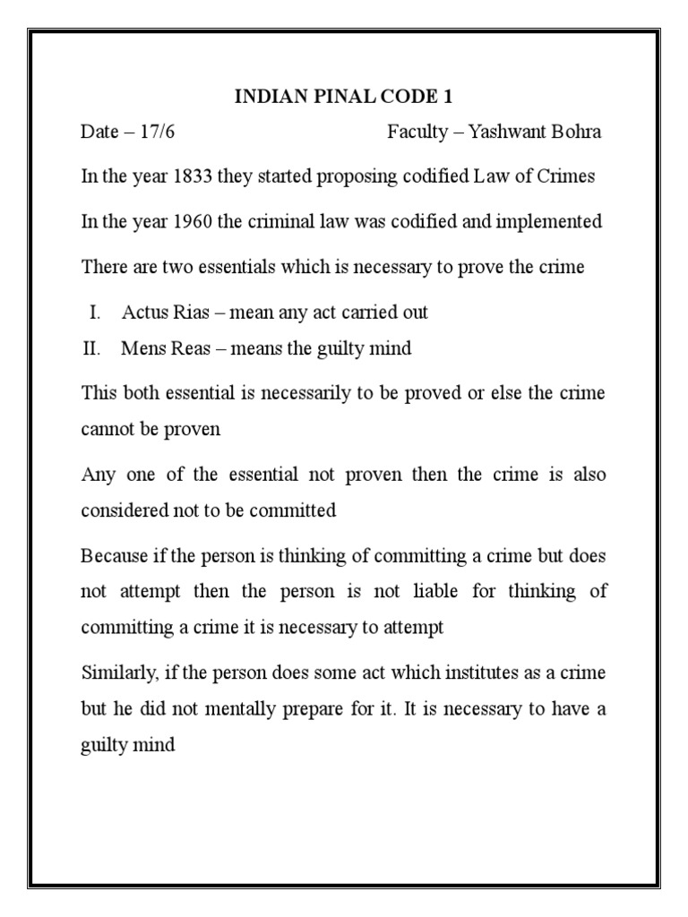 Indian Pinal Code 1 | PDF | Mens Rea | Crime & Violence