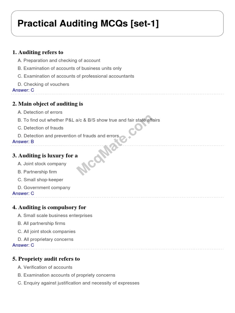 Practical Auditing Solved MCQs (Set-1) | PDF | Audit | Internal Audit