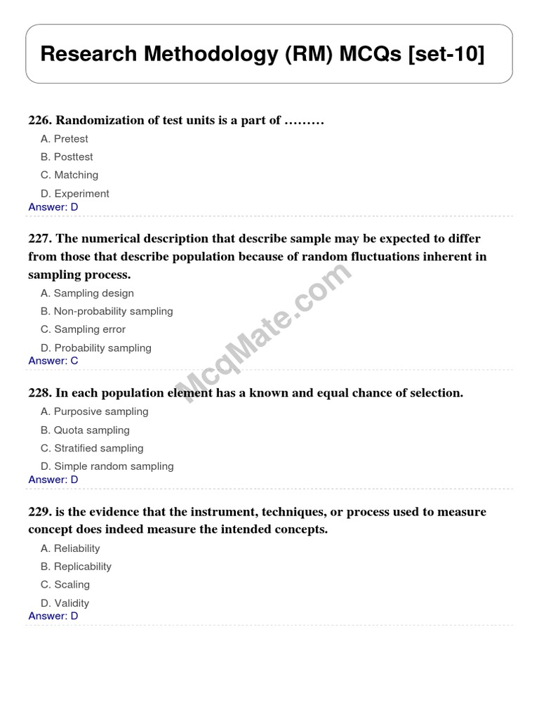 MCQs on Research Methodology Set 10 | PDF | Sampling (Statistics ...