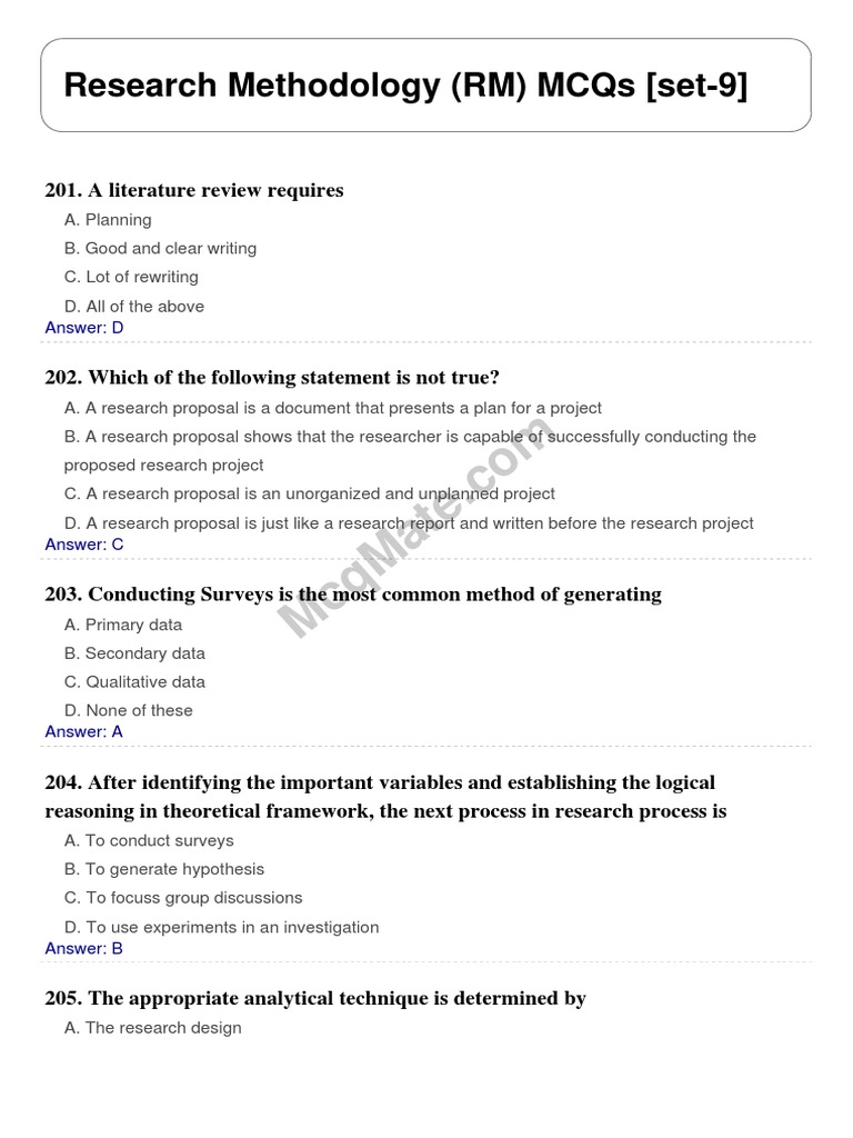 Research Methodology (RM) Solved MCQs (Set-9) | PDF | Methodology | Reason