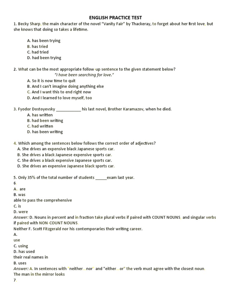 English Practice Test | PDF | Verb | Adverb