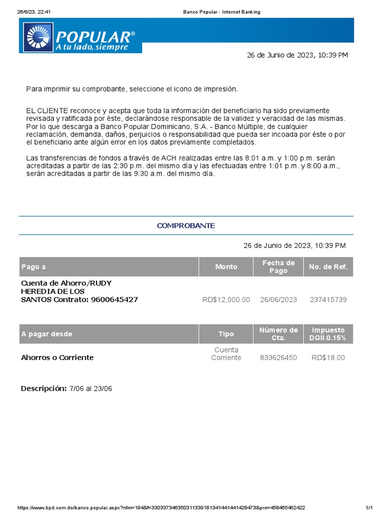 Banco Popular - Internet Banking 7 Al 23 de Junio Rudy Heredia | PDF