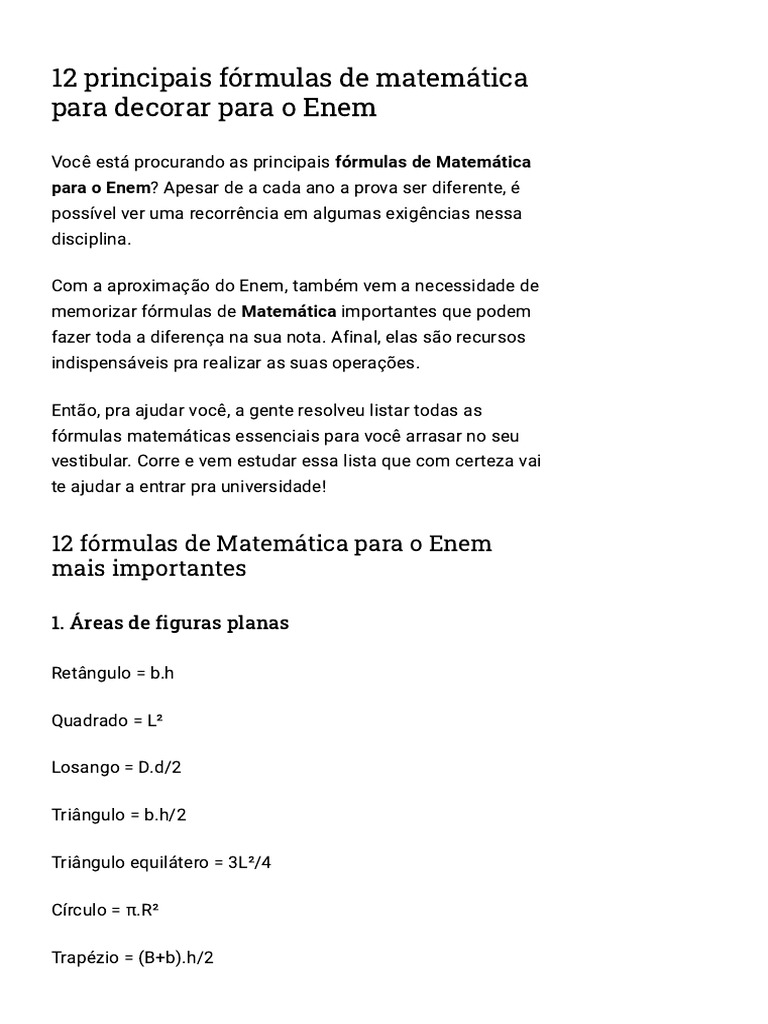 12 Principais Fórmulas de Matemática para Decorar para o Enem | PDF | Triângulo | Matemática