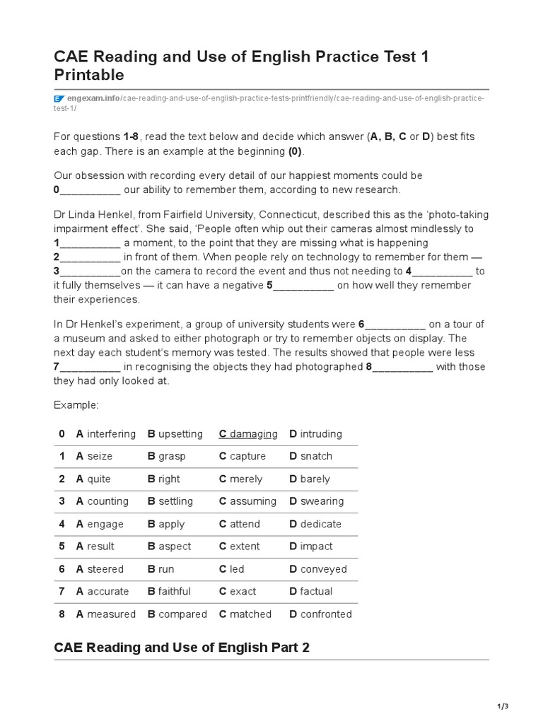 CAE Reading and Use of English Practice Test 1 | PDF | Linguistics | Verb