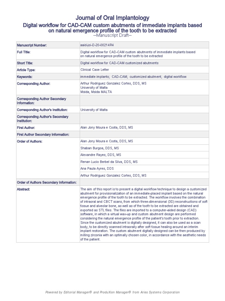 Digital Workflow For CAD-CAM Custom Abutments of Immediate Implants ...