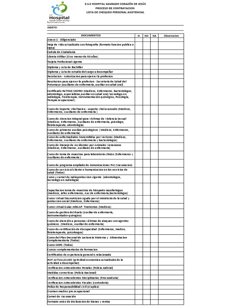 Lista de Chequeo para Contratación Asistencial | PDF | Enfermería ...