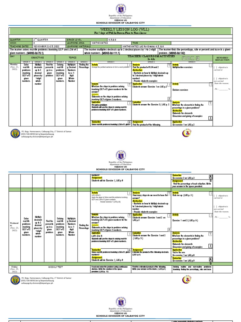 Weekly Lesson Log for Grades 4-6 Math | PDF | Multiplication | Percentage