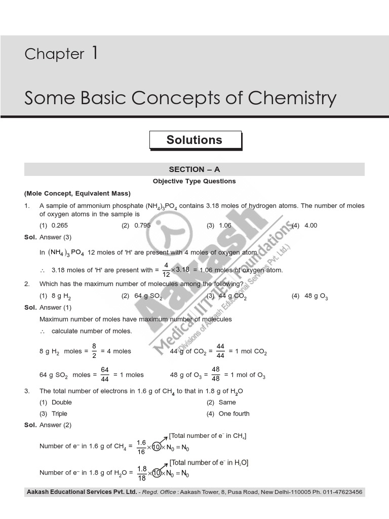 Aakash Chemistry Study Package 1 Solutions | PDF | Mole (Unit) | Molar ...