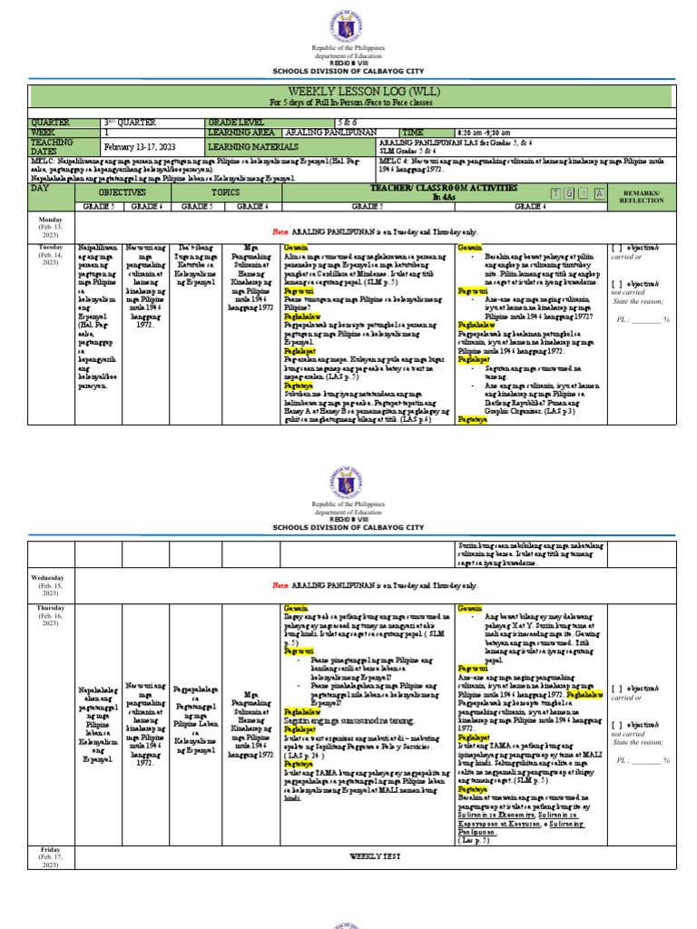 Quarter 3 Weekly Lesson Log in Araling Panlipunan | PDF