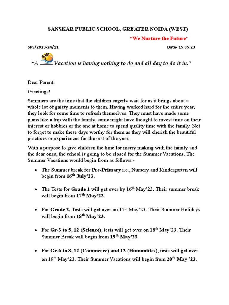SPS - Summer Holiday Circular | PDF | Kindergarten | Social Institutions