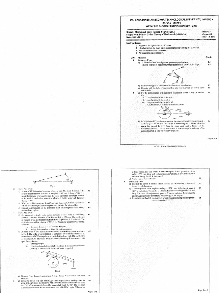 Btech Mech 4 Sem Theory of Machines 1 Btmec402 Nov 2019 | PDF