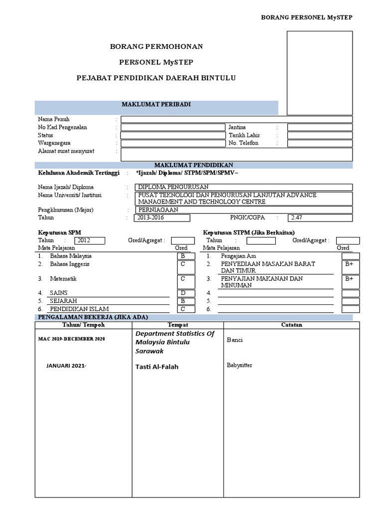 Borang Permohonan MySTEP Bintulu | PDF