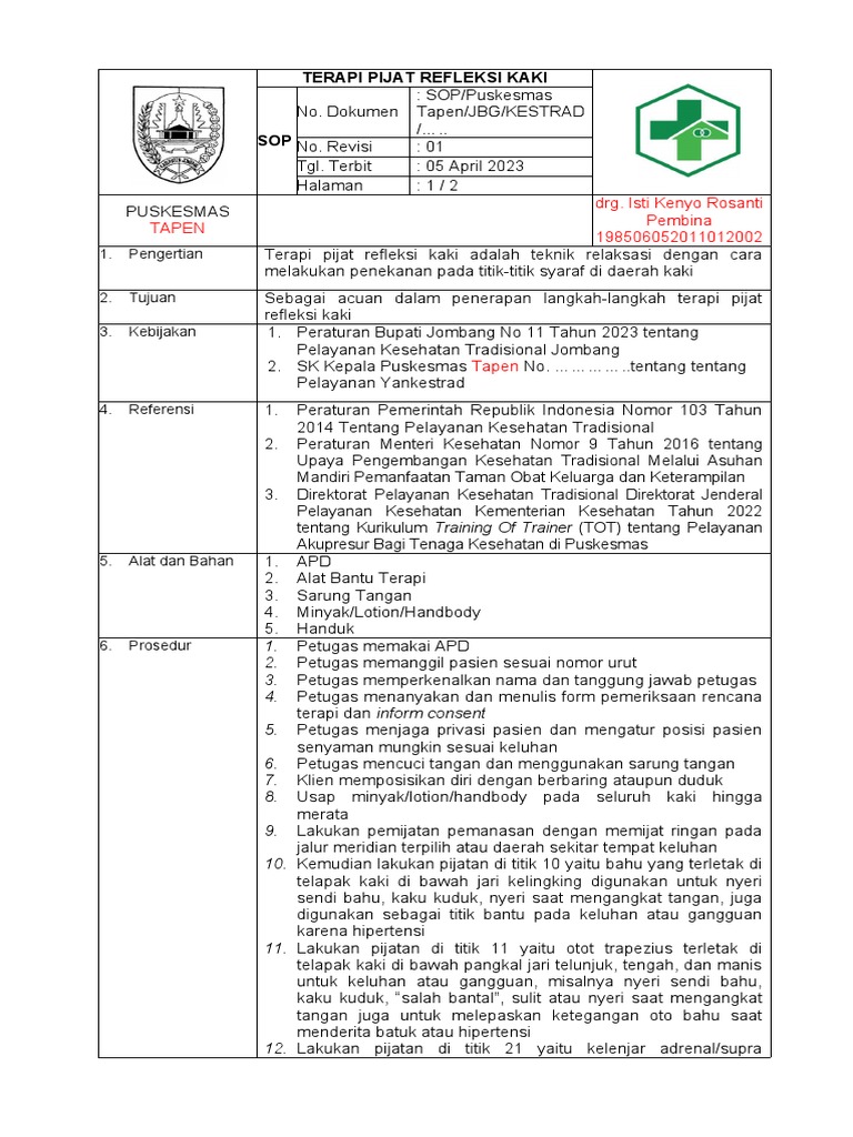 Sop Terapi Pijat Refleksi Kaki | PDF