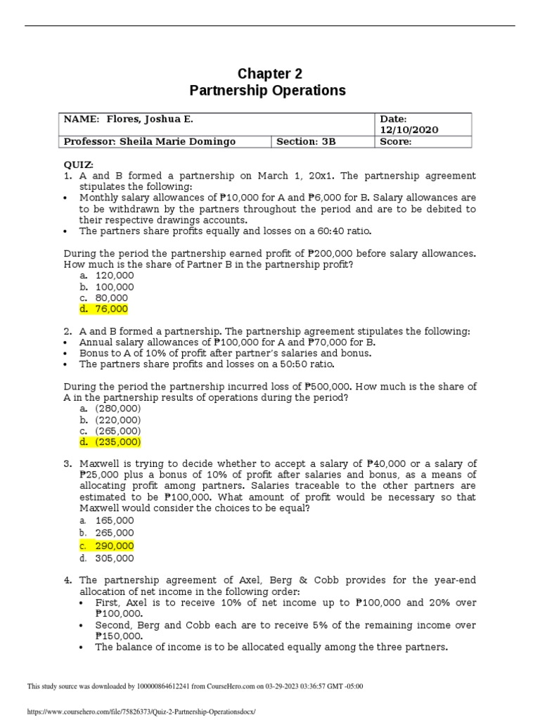 Partnership Operations Quiz Solutions | PDF | Partnership | Interest