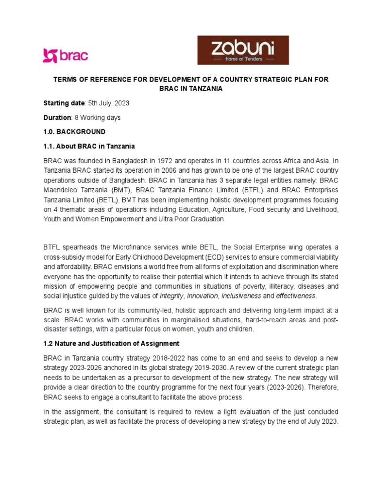 Strategic Plan DEVELOPMENT For BRAC TOR | PDF | Strategic Planning | Consultant