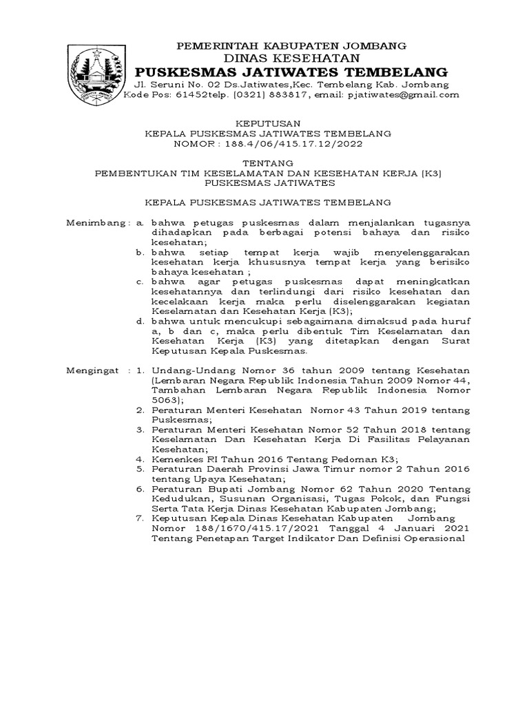 Pembentukan Tim K3 Puskesmas Jatiwates | PDF