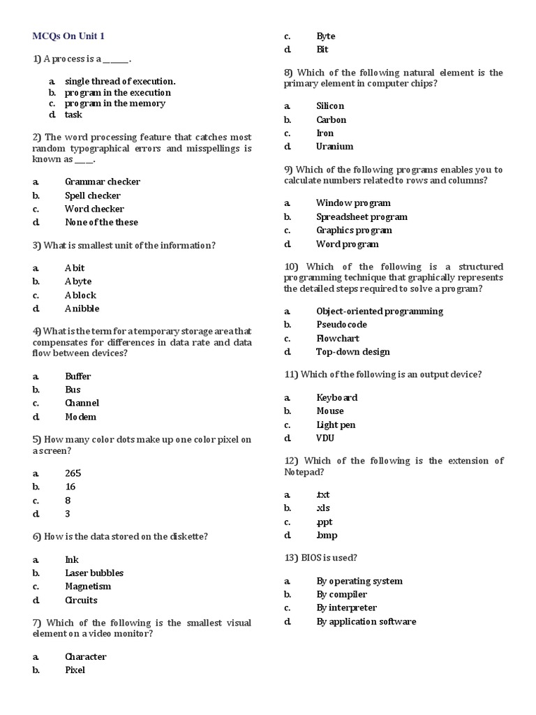 Unit1-MCQs-Introduction To Basic Coding | PDF | Random Access Memory | Computer Data Storage