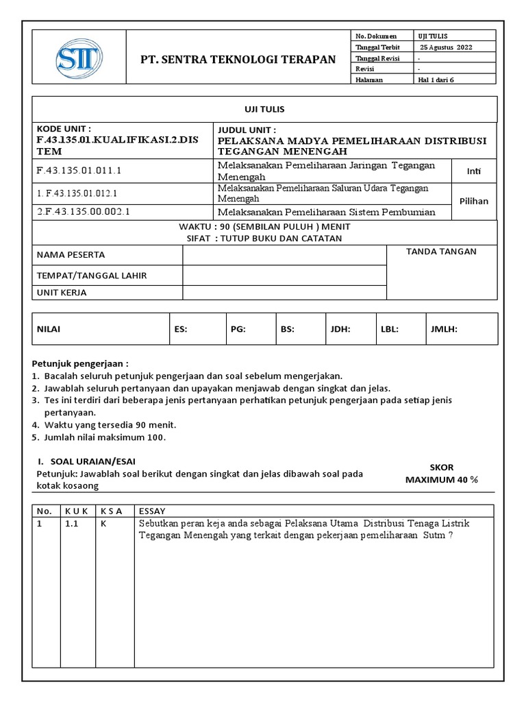 2.3. Soal Uji Tulis Level 2. Melaksanakan Pemeliharaan JTM - Sutm | PDF