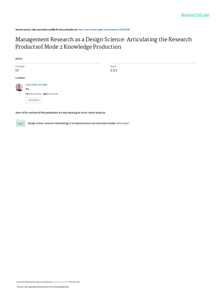 Van Aken, J. E. Management Research As A Design Science - Articulating ...
