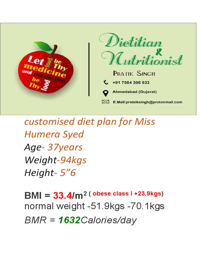 4 Weeks Customised Diet Plan For Miss Humera Syed | PDF | Chickpea | Foods