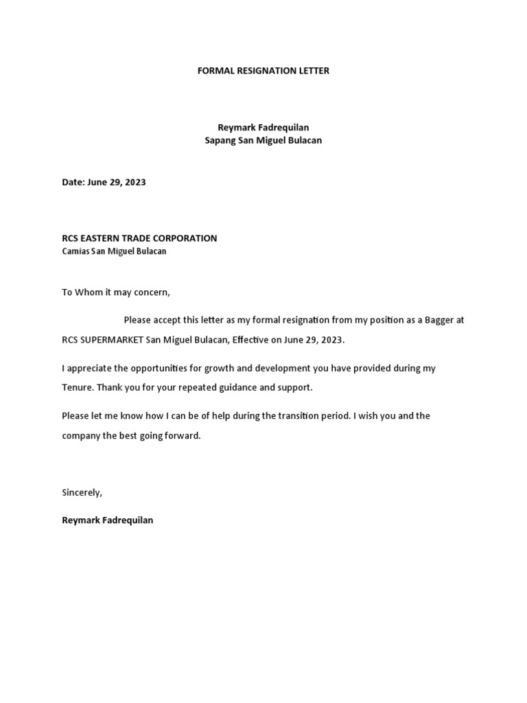 Formal Resignation Letter Reymark Fadrequilan | PDF