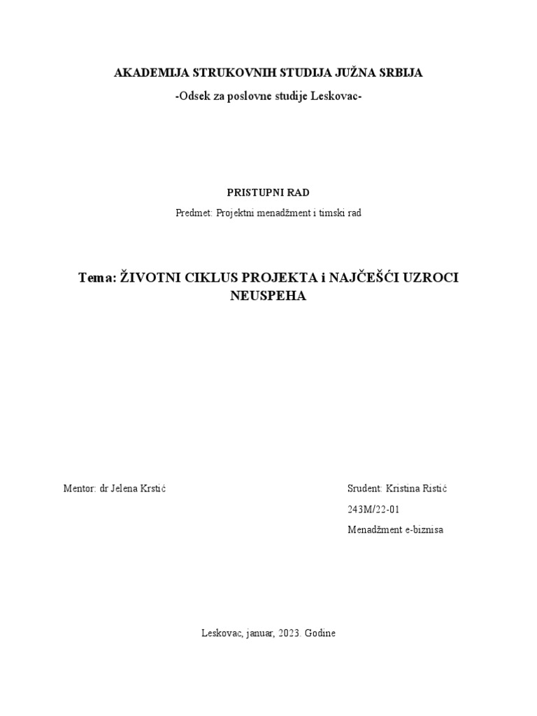 Projektni Menadžment I Timski Rad - Pristupni Rad | PDF
