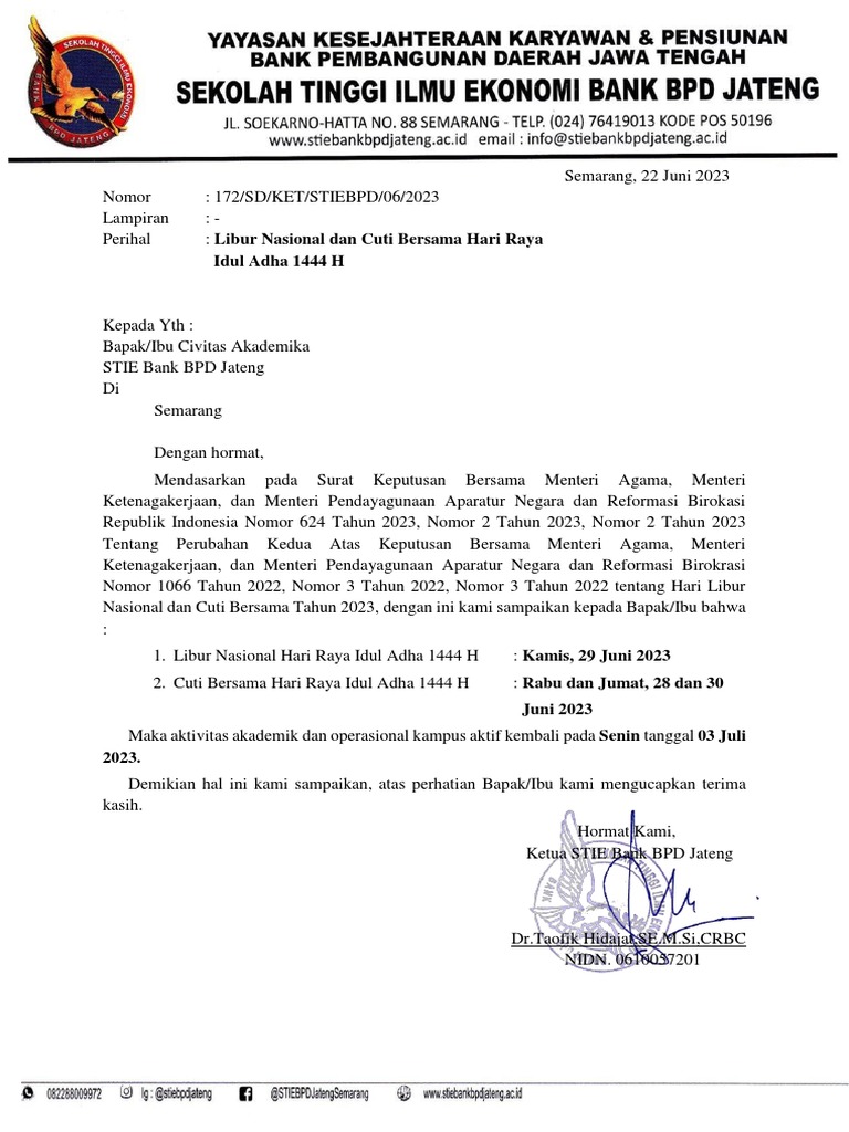 Surat Edaran Libur Nasional Dan Cuti Bersama Hari Raya Idhul Adha | PDF