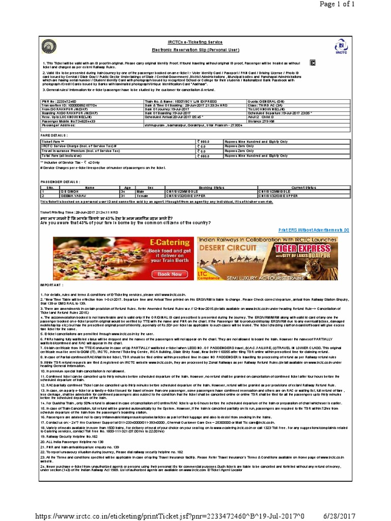 WWW - Irctc.co - in - PrintTicket | PDF | Identity Document