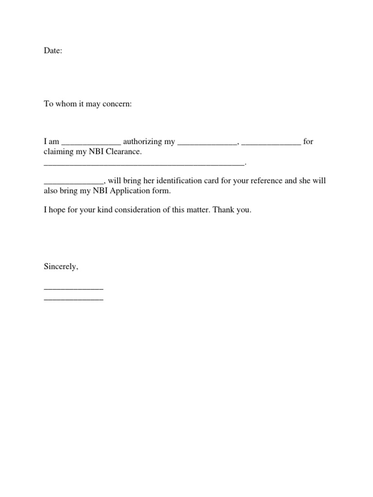 Authorization Letter for NBI Clearance | PDF | Finance & Money Management