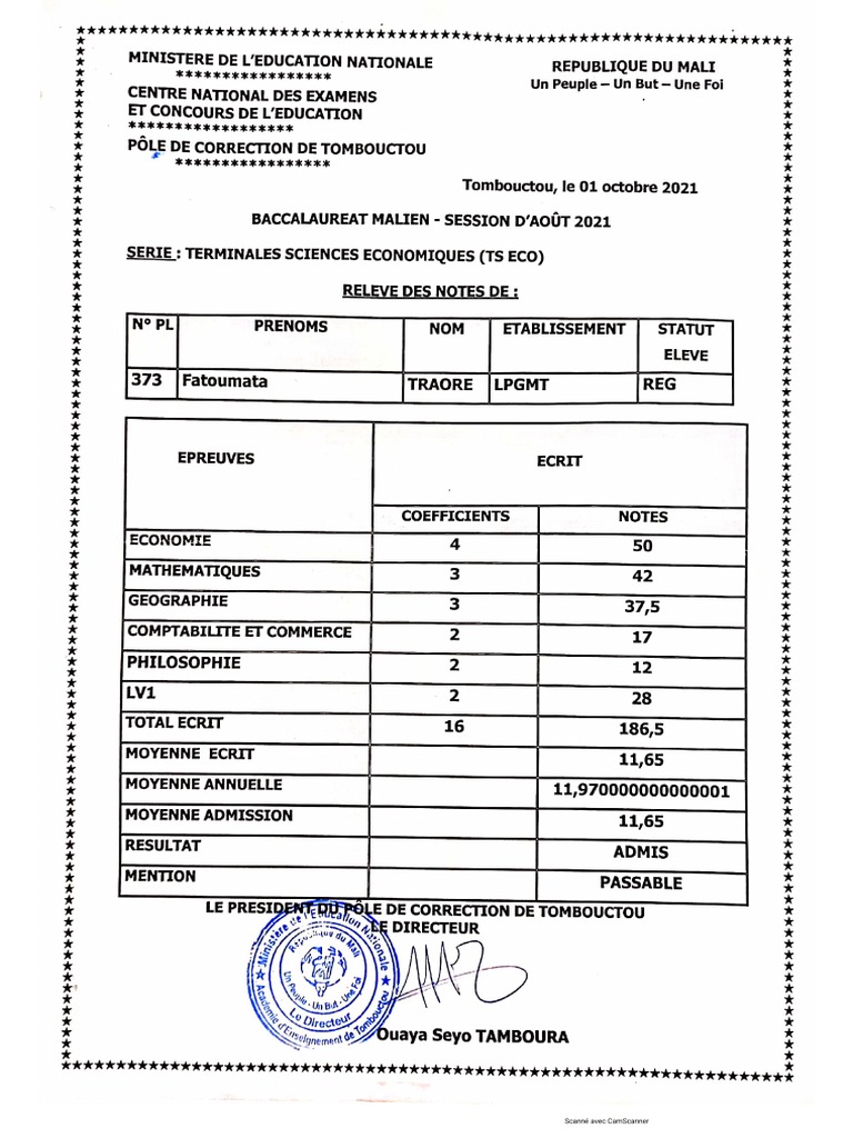 Relevé de Note Du Bac Fatoumata | PDF