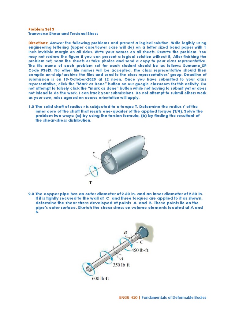 ENGG 410 Problem Set 3 - Shear - Torsional Stress | PDF | Stress ...