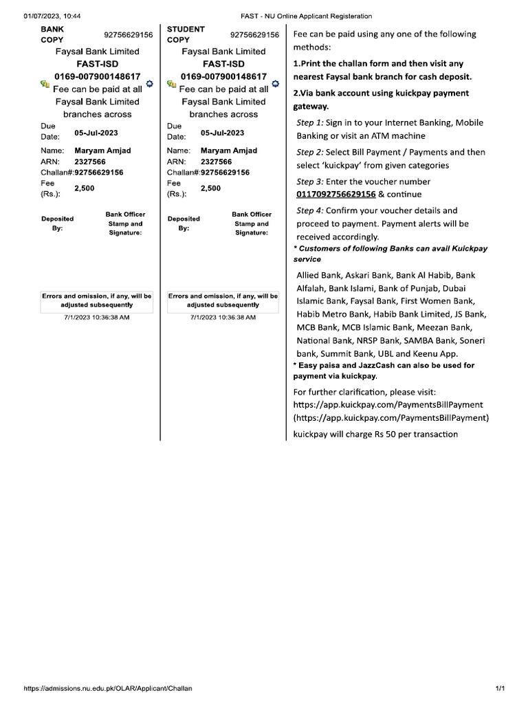 Fee Challan of Fast | PDF