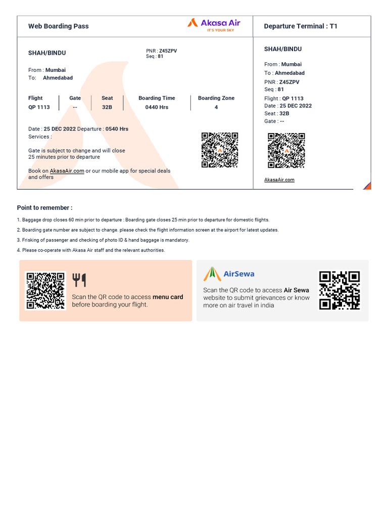 Akasa Air Boarding Pass Details | PDF