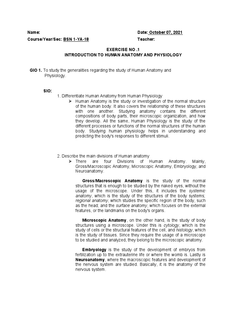 WEEK 2 LAB EXERCISE - Introduction To Human Anatomy and Physiology | PDF | Anatomical Terms Of ...